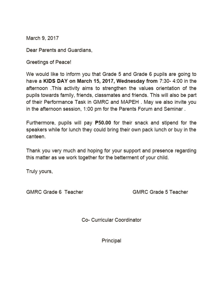 Letter For Parents Kids Camp | PDF