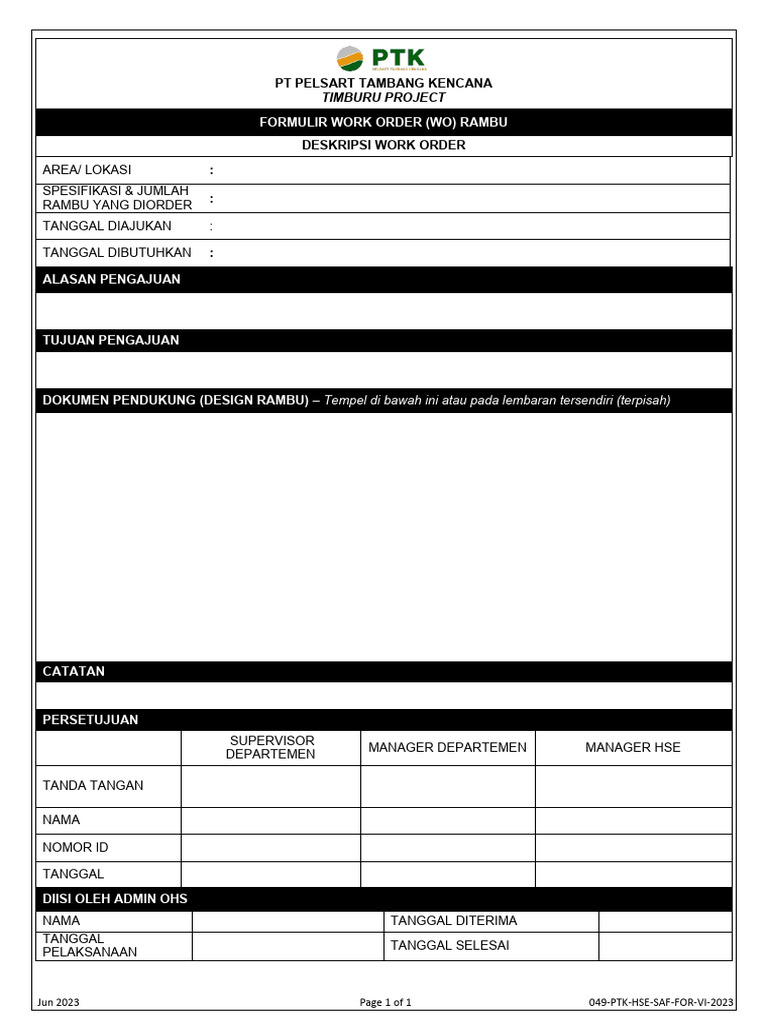 049-PTK-HSE-SAF-FOR-VI-2023 Form Work Order Rambu | PDF