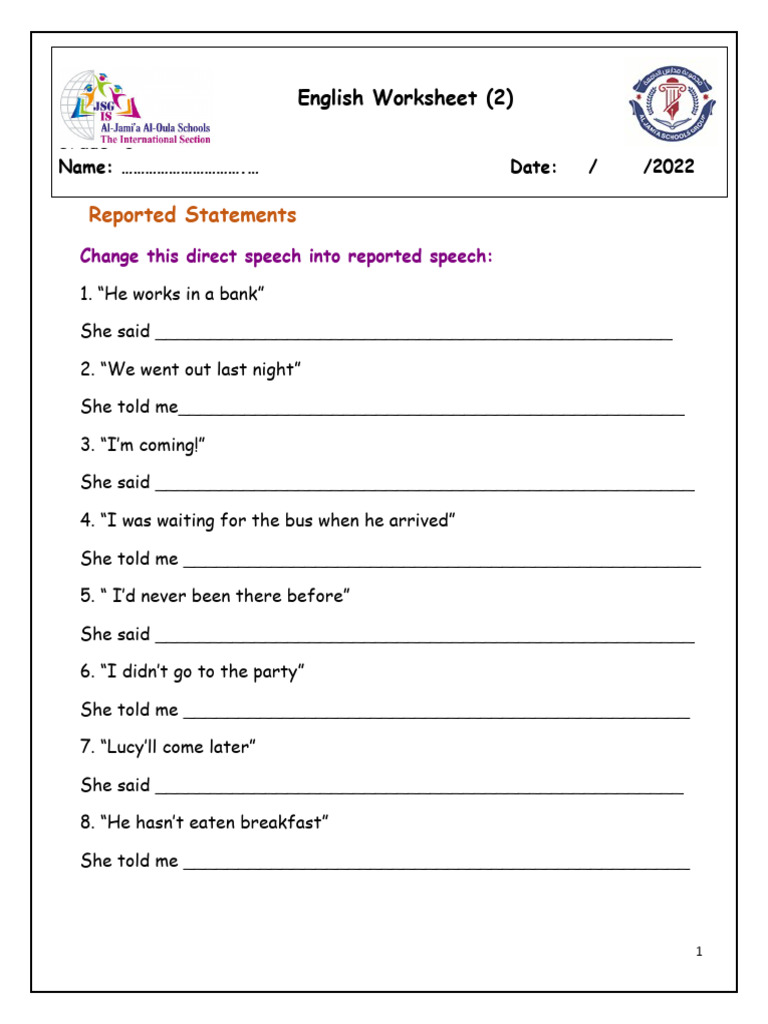 English Worksheet 2 Reported Speech | PDF
