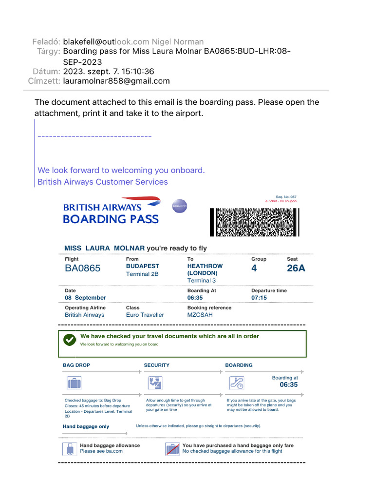 Boarding Pass For Miss Laura Molnar BA0865BUD-LHR08-SEP-2023 | PDF ...