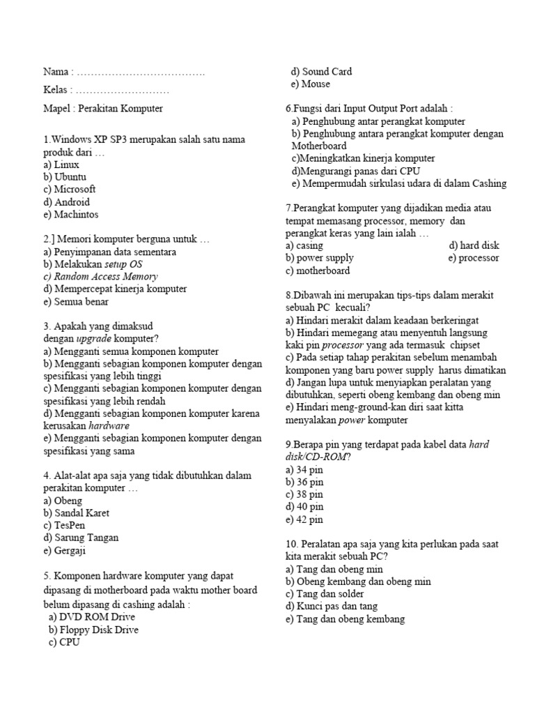 Soal PAS Genap, Perakitan Komputer Kls X | PDF | Komputer
