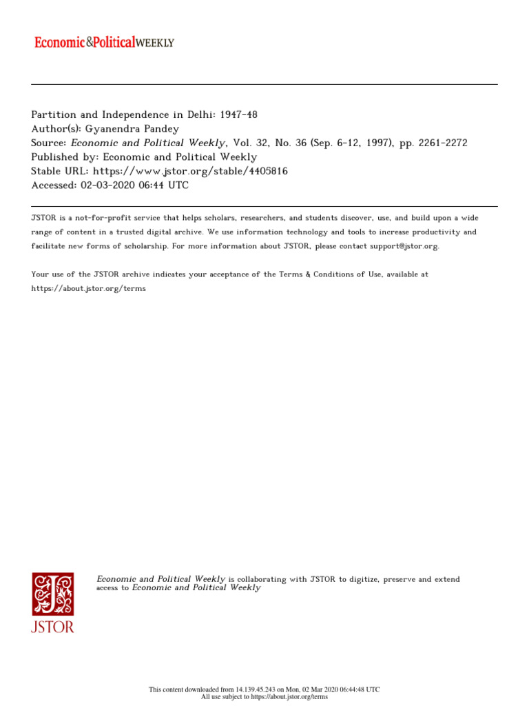 1b. (Done) Gyan Pandey - Partition and Independence in Delhi | PDF ...