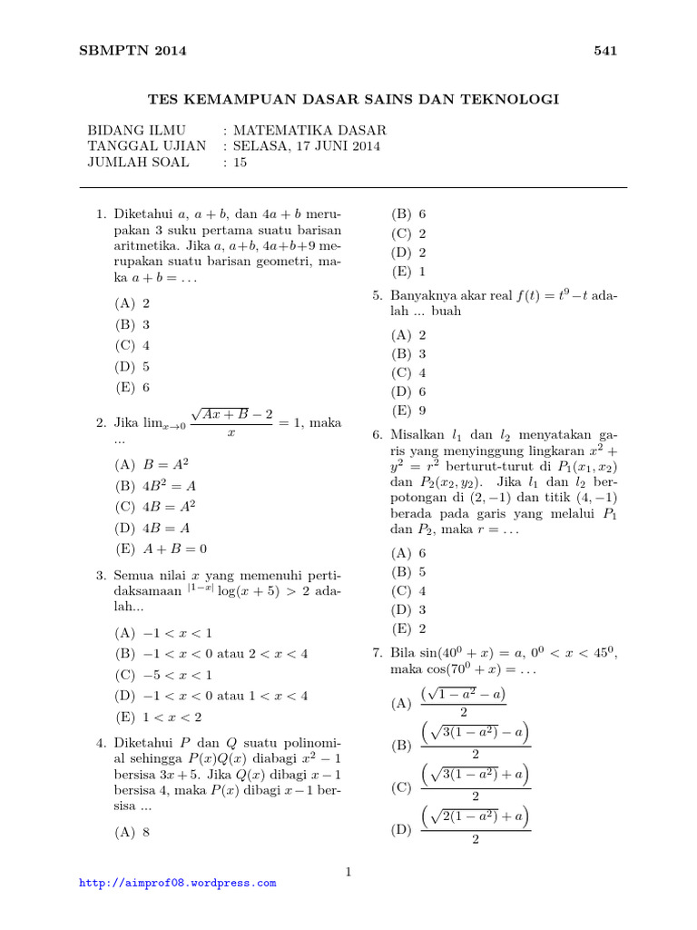SBMPTN 2014 TKD Saintek 541 | PDF