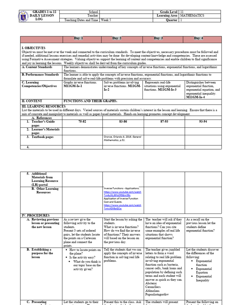 DLL Gen Math Week 5 | PDF | Function (Mathematics) | Exponential Function