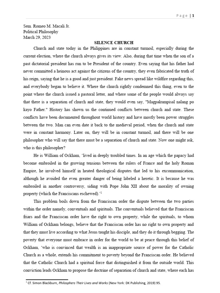 Paper 4 William of Ockham (Church and State) | PDF | Morality | Separation Of Church And State