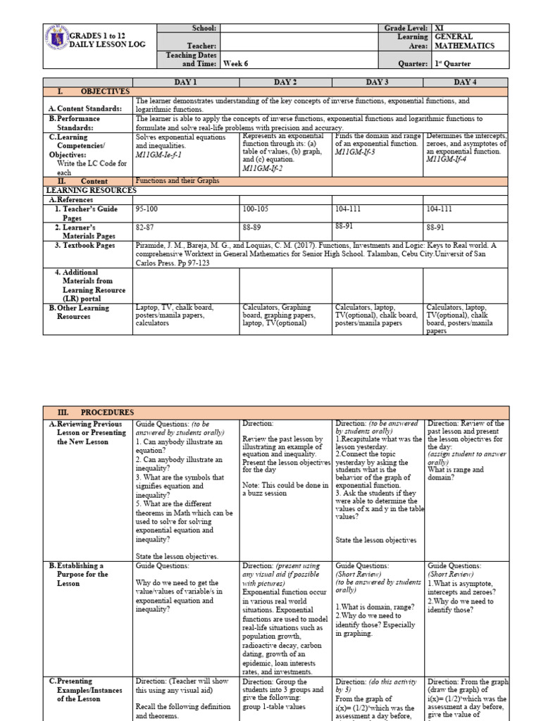 DLL Gen Math Week 6 | PDF | Function (Mathematics) | Exponential Function