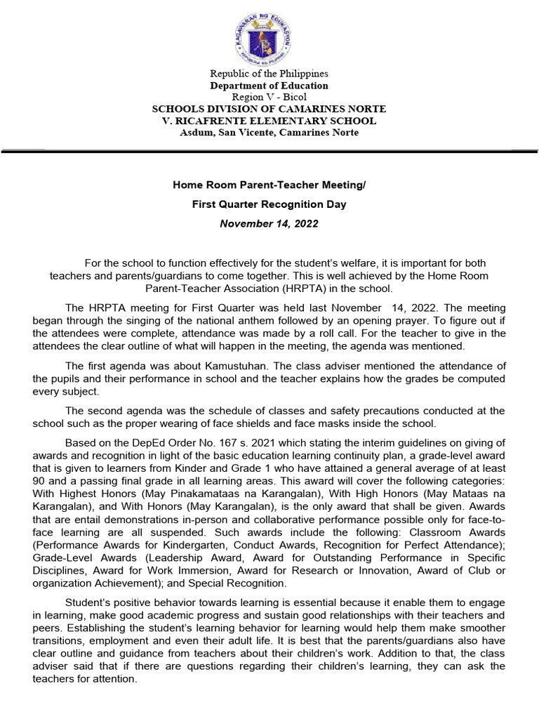 First Quarter Hrpta Narrative Report | PDF | Teachers | Learning