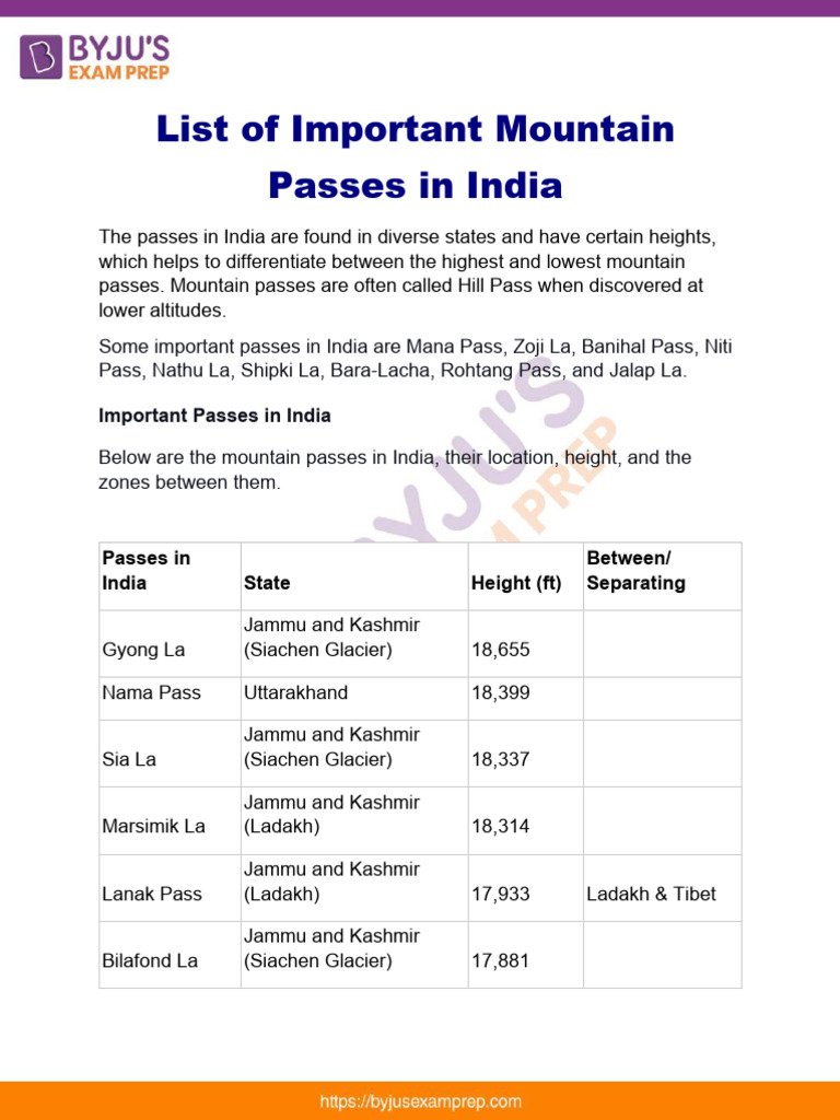Important Mountain Passes in India | PDF