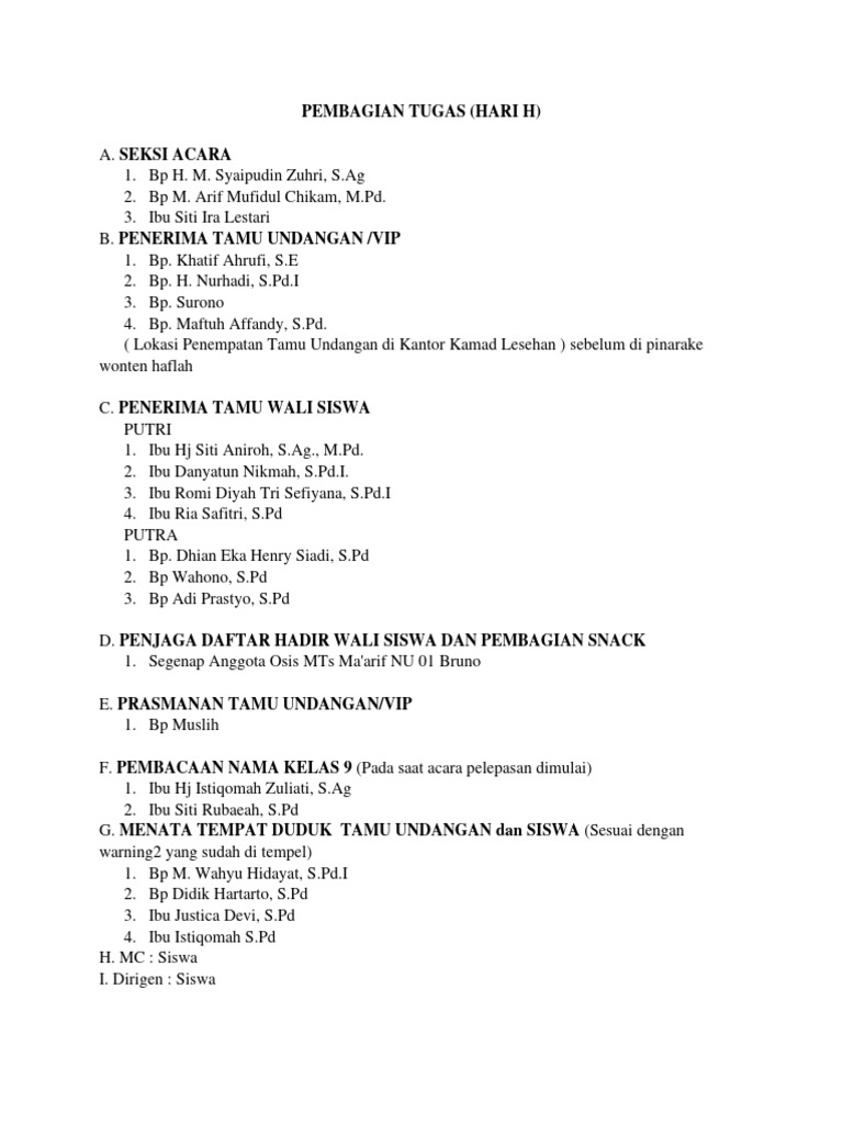 PEMBAGIAN TUGAS Hari H Salinan Salinan | PDF