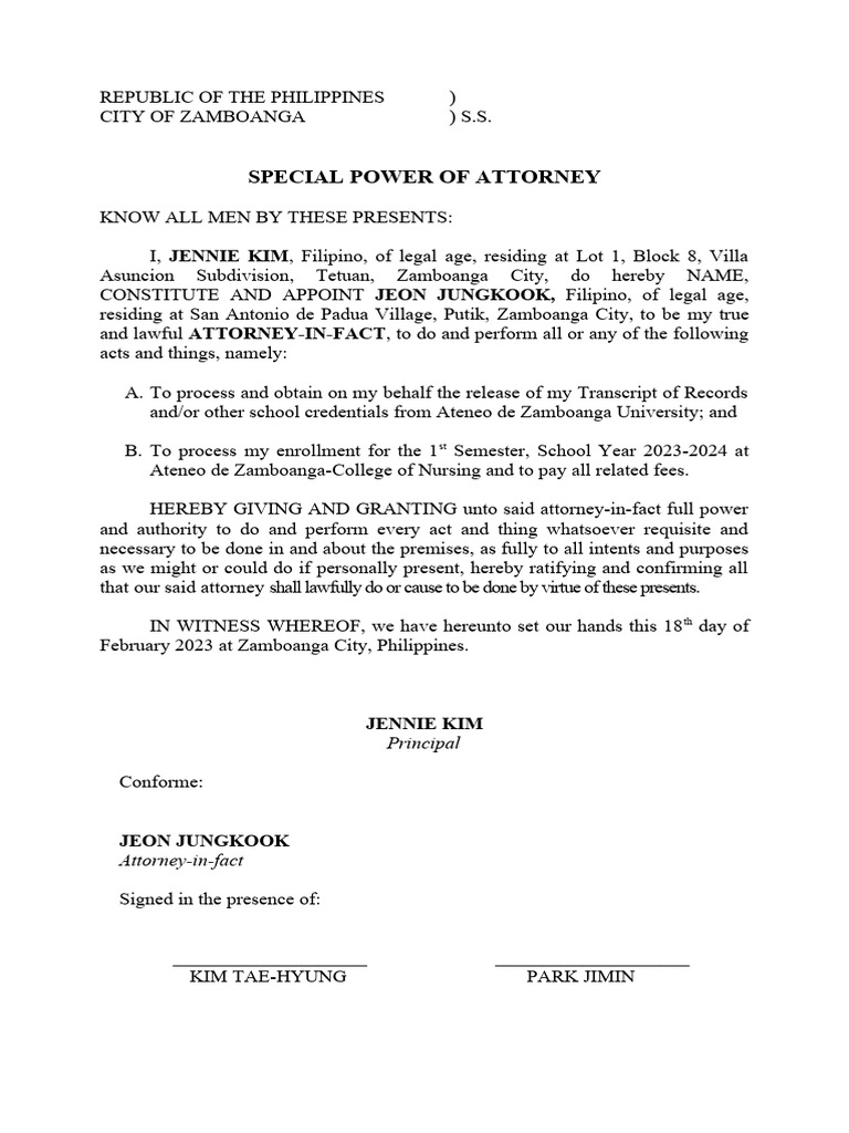 Special Power of Attorney Sample | PDF | Power Of Attorney | Civil Law ...