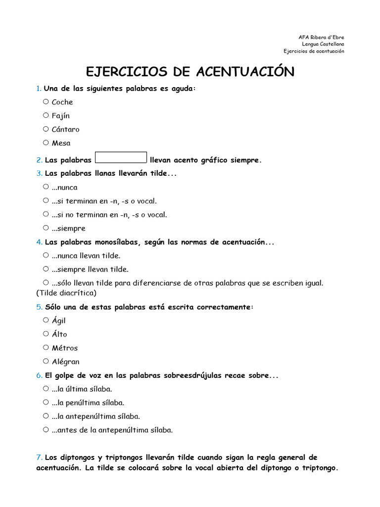 Cast Ejercicios de Acentuacion | PDF | Lingüística | Fonética