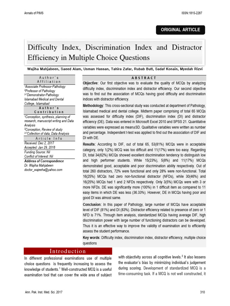 Difficulty Index, Discrimination Index and Distractor Efficiency in Multiple Choice Questions ...