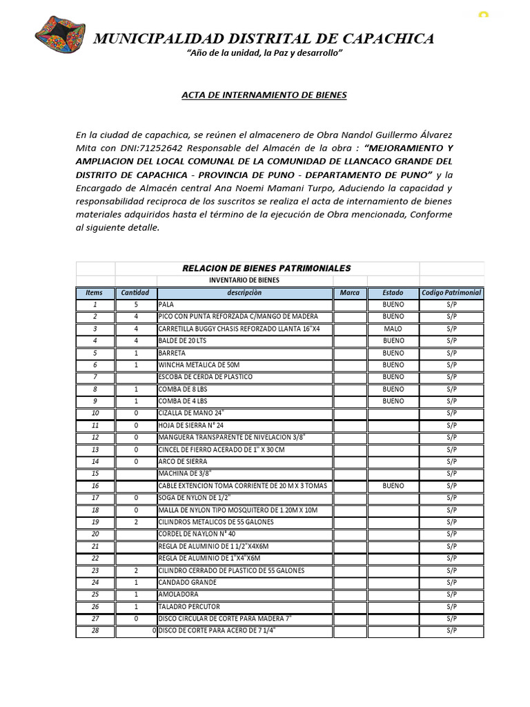 Acta de Internamiento de Bienes | PDF | Materiales