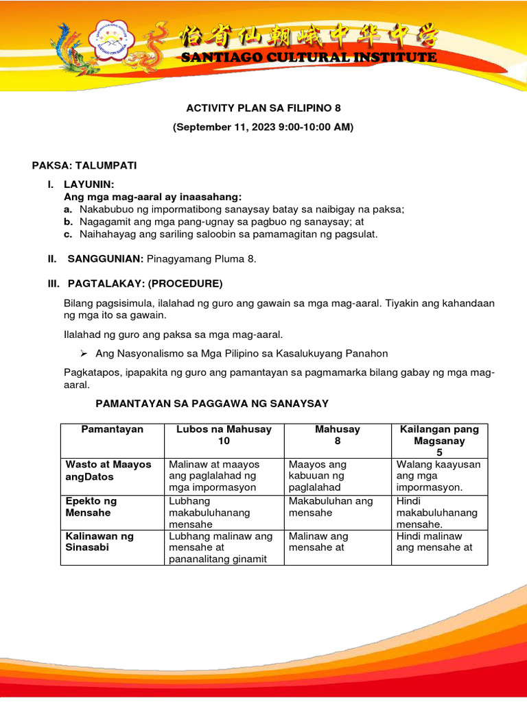 Activity Plan-Fil 8 - Talumpati | PDF