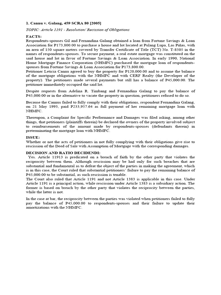 Article 1191: Rescission of Obligations Cases | PDF | Breach Of ...