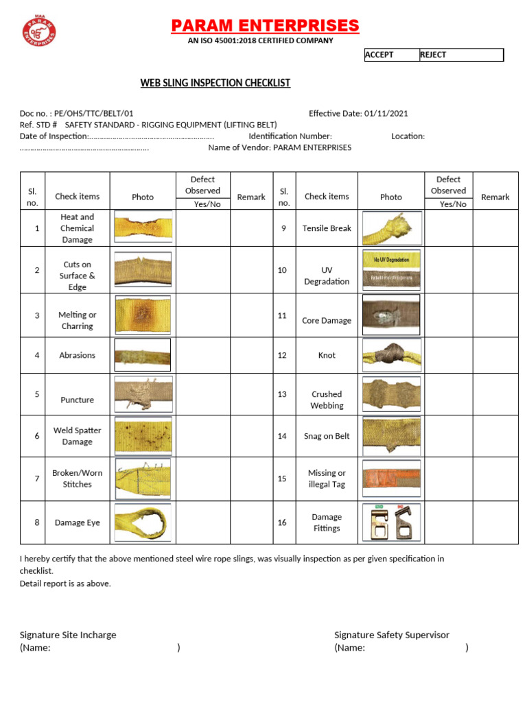 Web Sling Inspection Checklist | PDF | Equipment | Mechanical Engineering