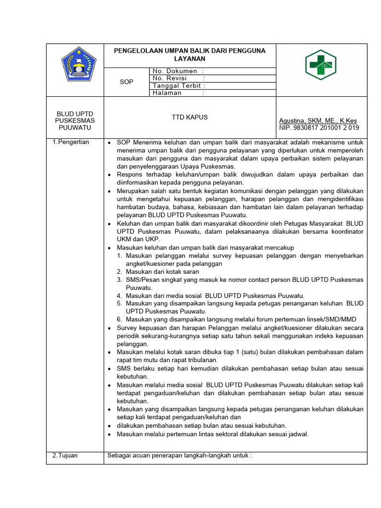 Sop Pengelolaan Umpan Balik Dari Pengguna Layanan | PDF