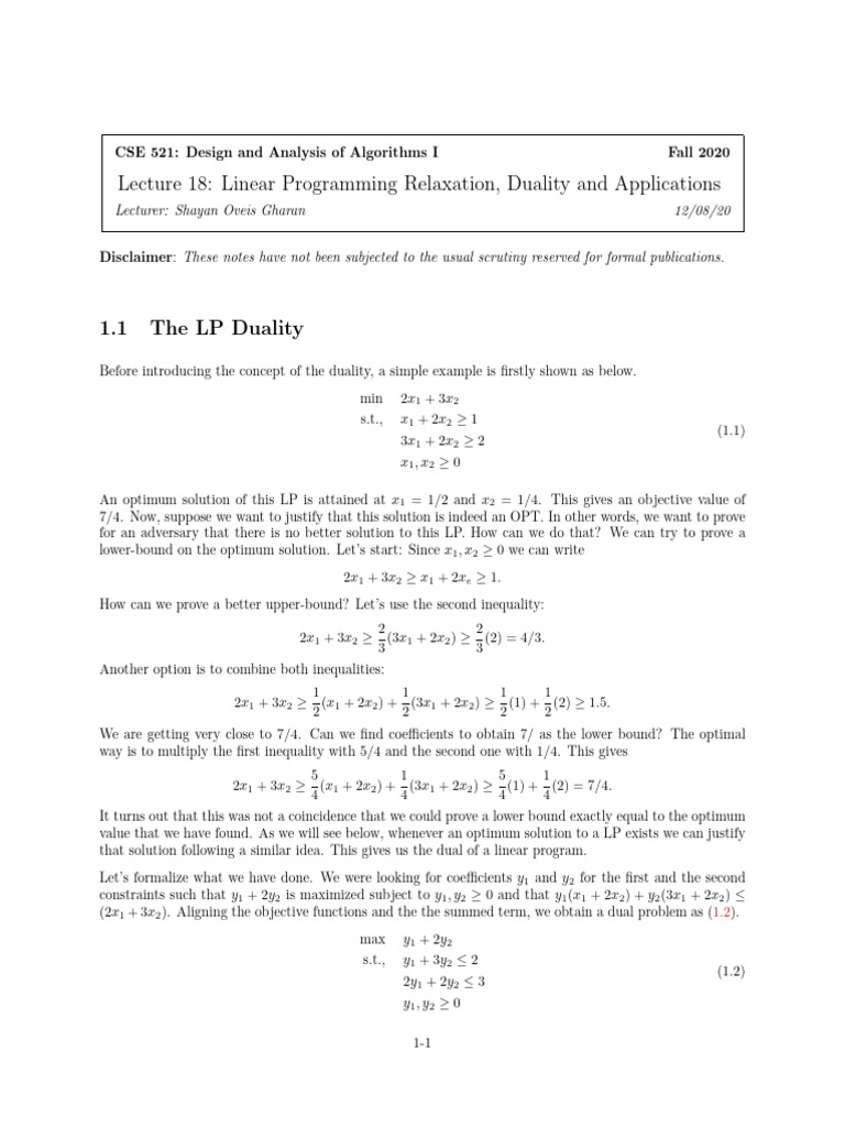 521 Lecture 18 Pdf Linear Programming Mathematical Optimization 