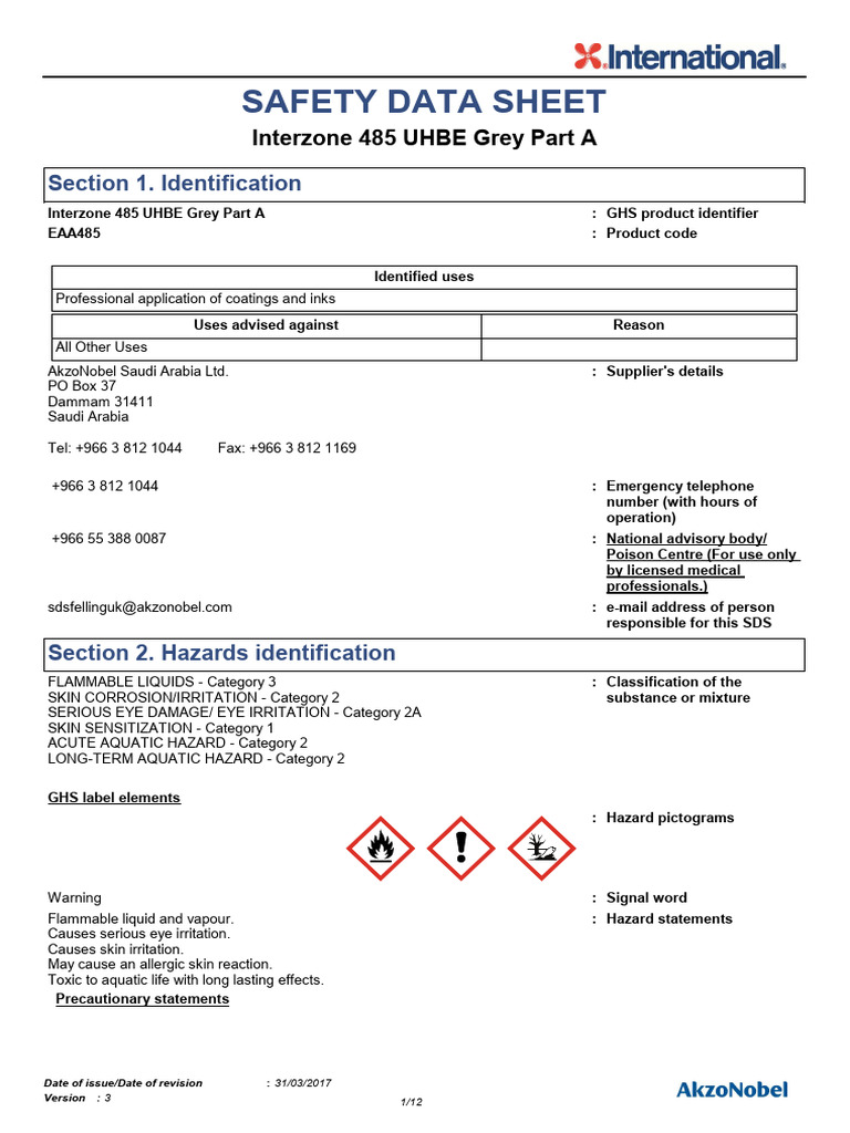 Msds - Interzone 485 | PDF | Materials | Occupational Safety And Health