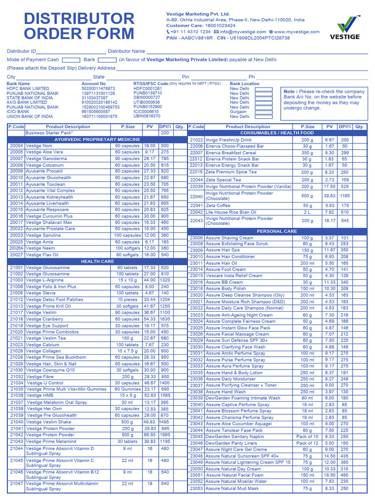 Vestige Product Order Form | PDF | Sunscreen | Shampoo