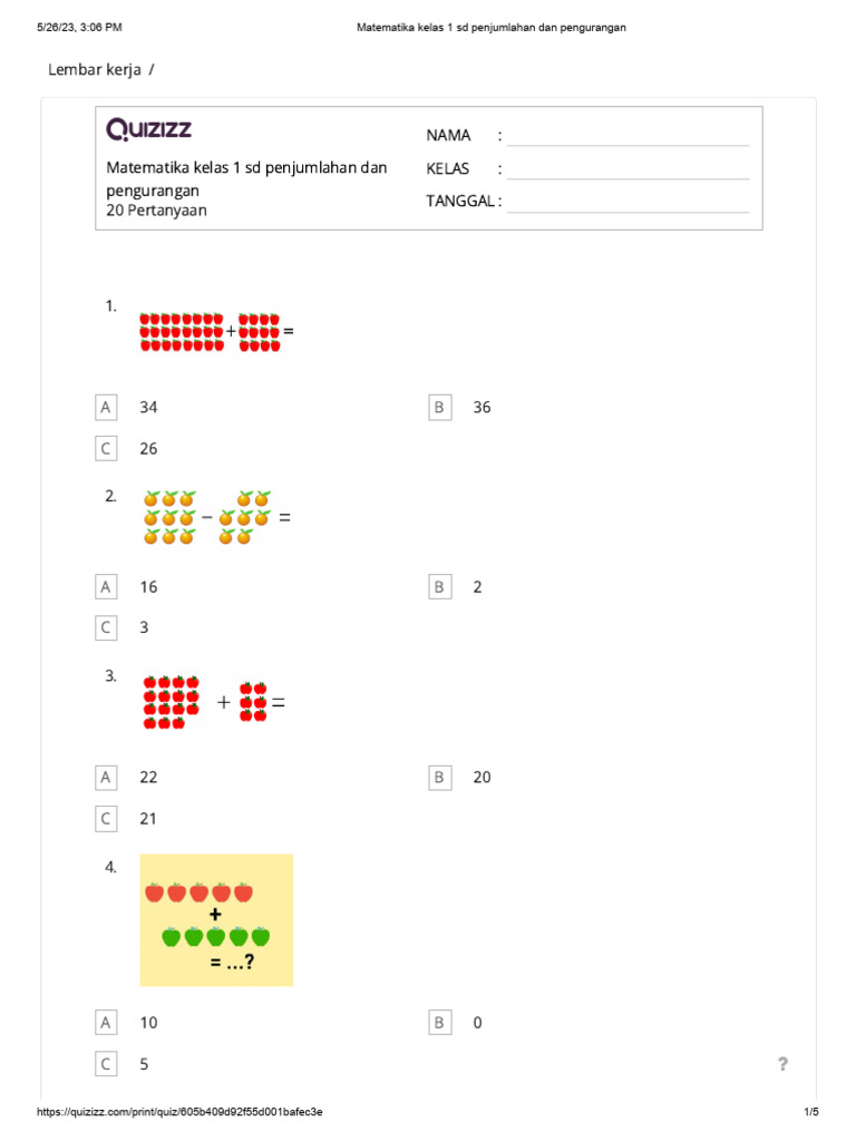 Matematika Kelas 1 SD Penjumlahan Dan Pengurangan | PDF
