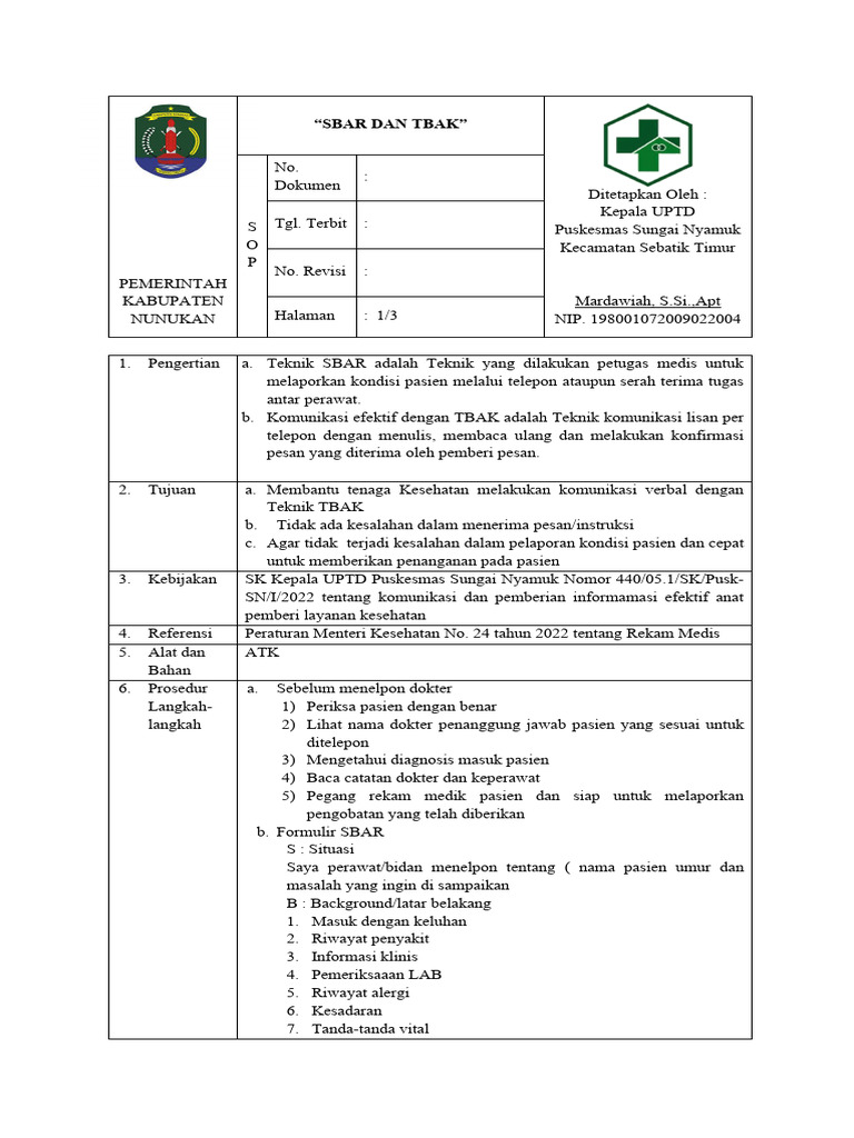 Sop SBAR Dan TBAK | PDF