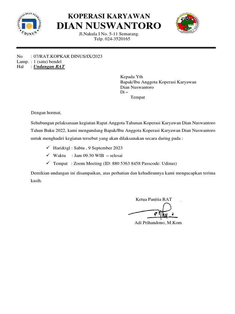 Undangan Rat Anggota Kopkar Dinus 2023 | PDF
