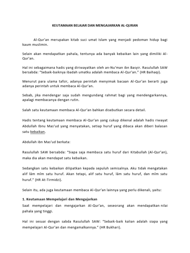 Keutamaan Belajar Dan Mengajarkan Al | PDF