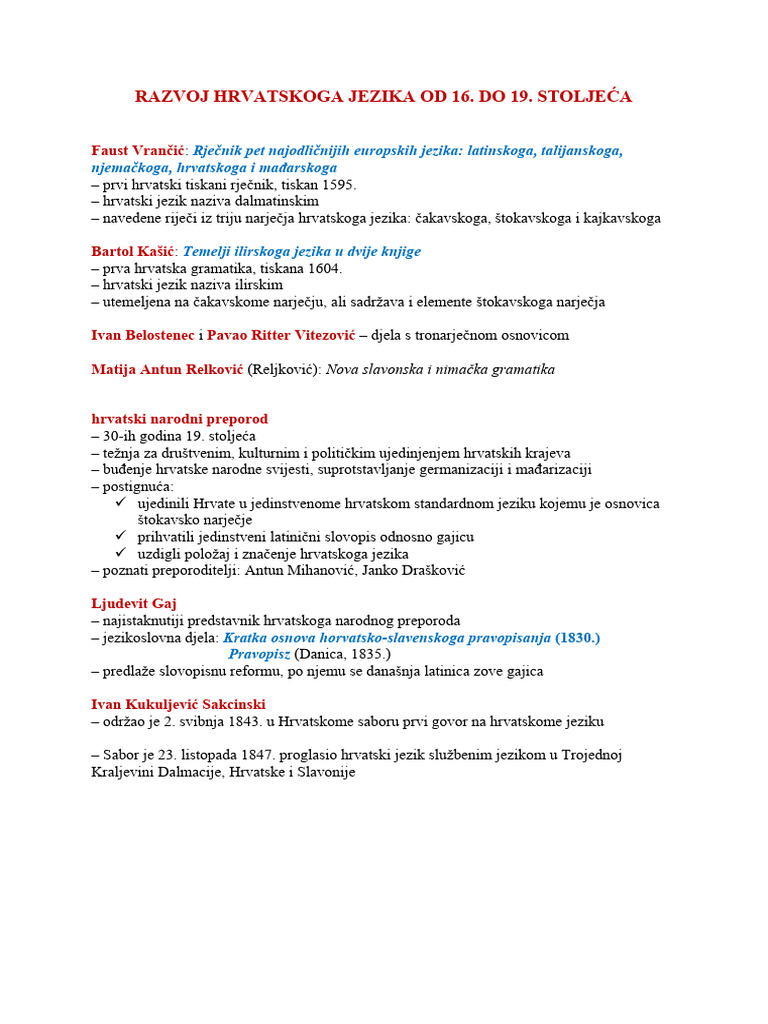 Razvoj Hrv. Jezika Od 16. Do 19. Stoljeća | PDF