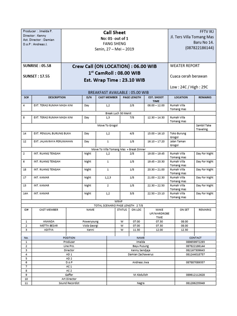 Call Sheet Fang Seng | PDF Call Sheet Fang Seng | PDF