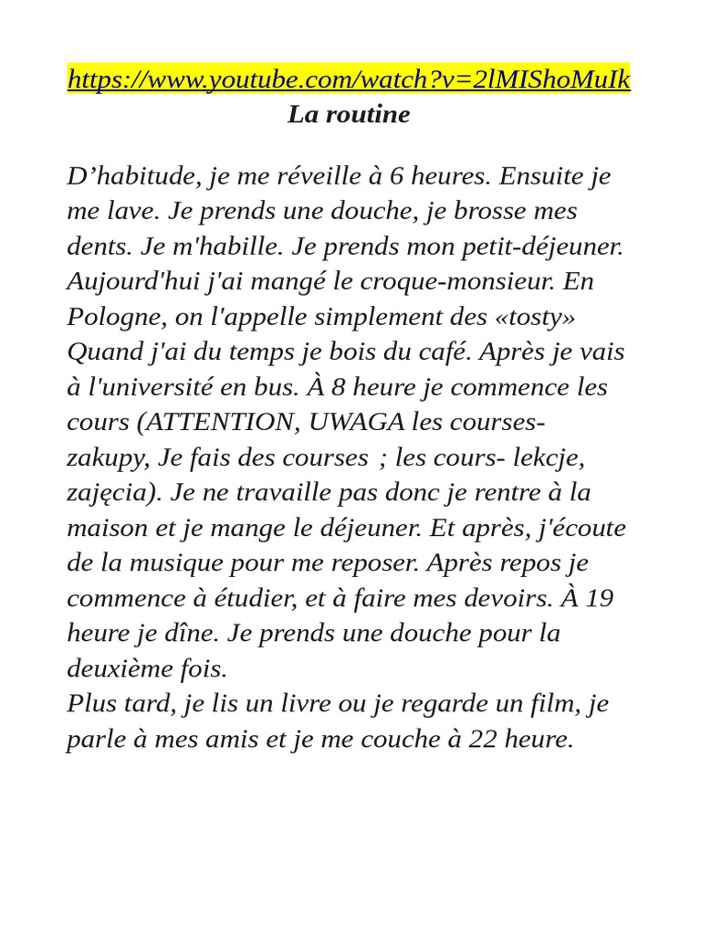 Ma routine quotidienne en français | PDF