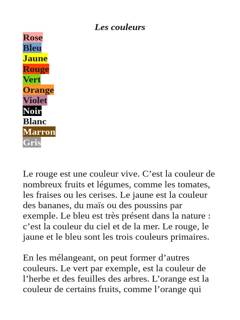 Les Couleurs, Learn French, Text About The Colours | PDF | Arts du ...