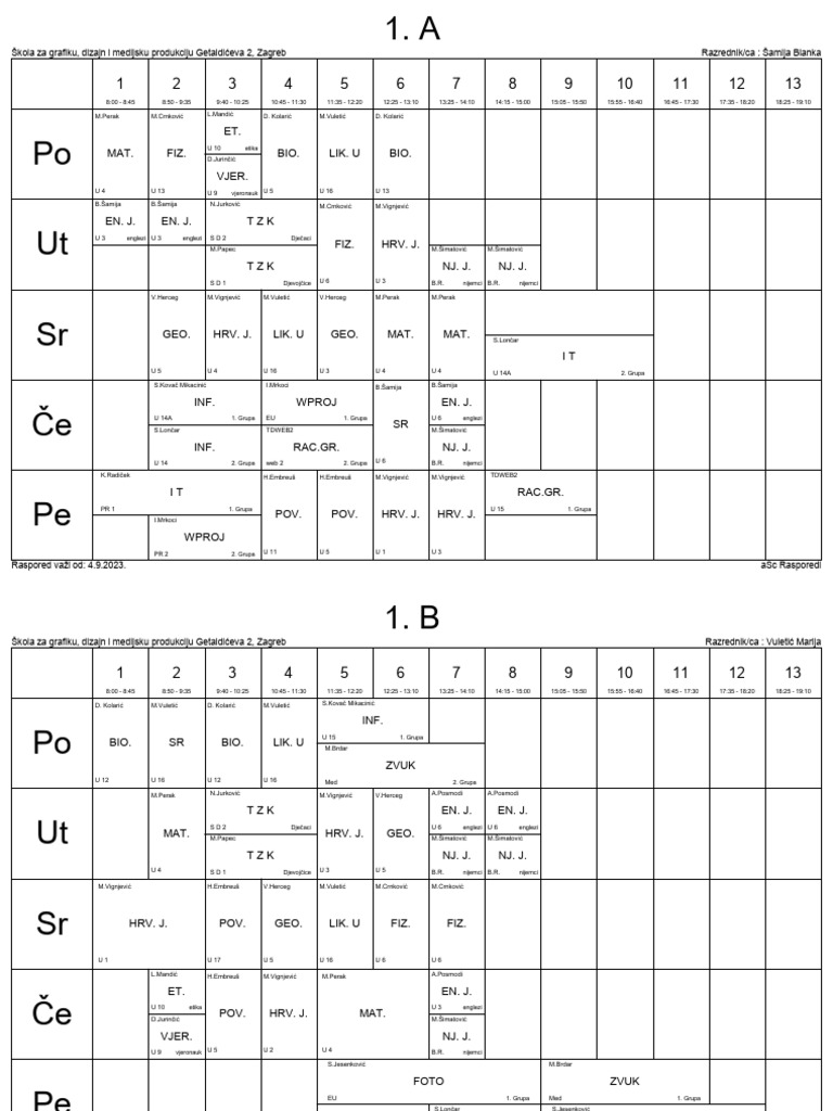 Raspored Po Razredima | PDF