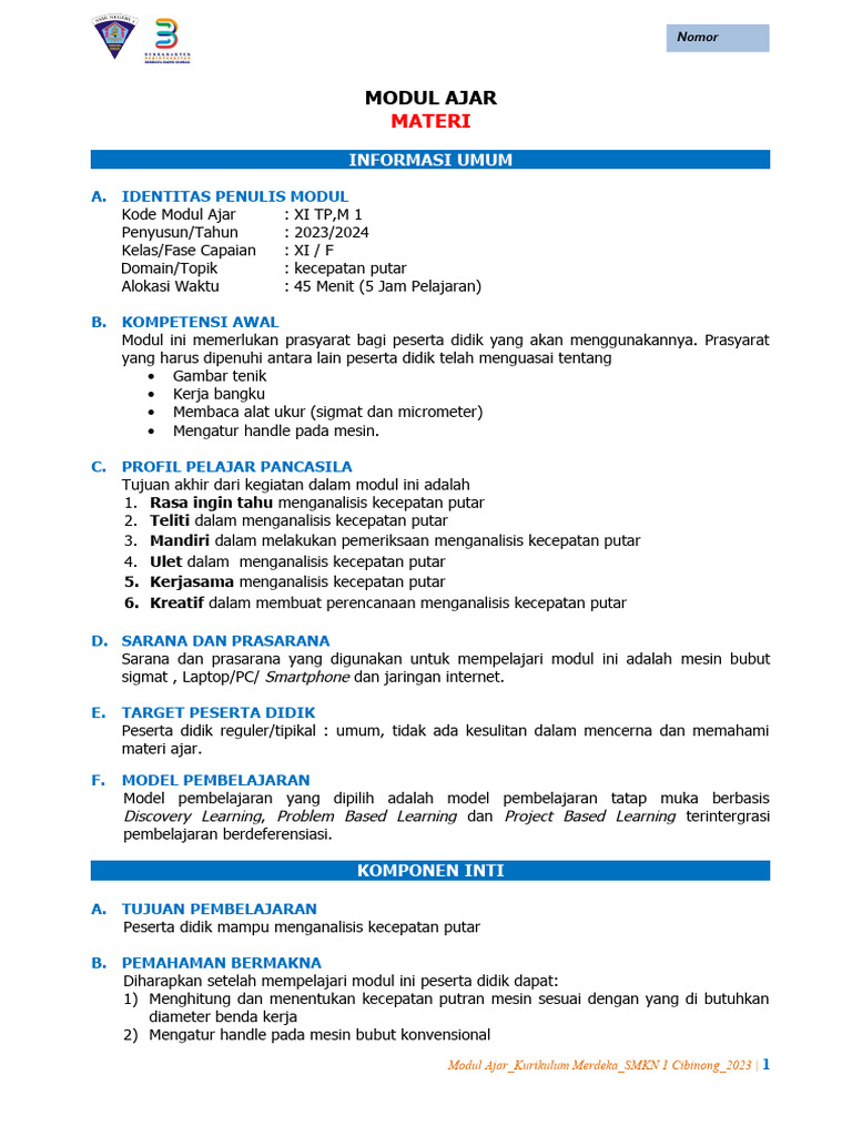MODUL AJAR Bubut 11tp Joko | PDF