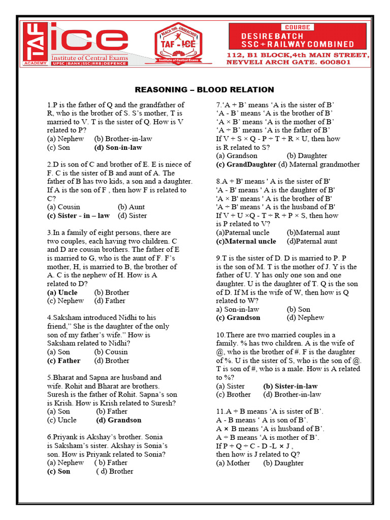 Blood Relation Reasoning Questions | PDF | Family | Human Reproduction