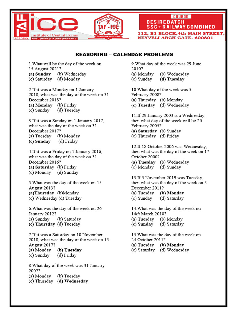 Reasoning - Calendar Problem | PDF