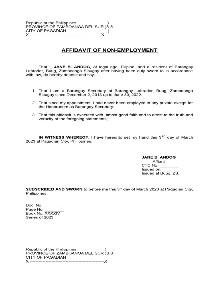 Affidavit of Non Employment and Relation | PDF | Affidavit | Legal ...