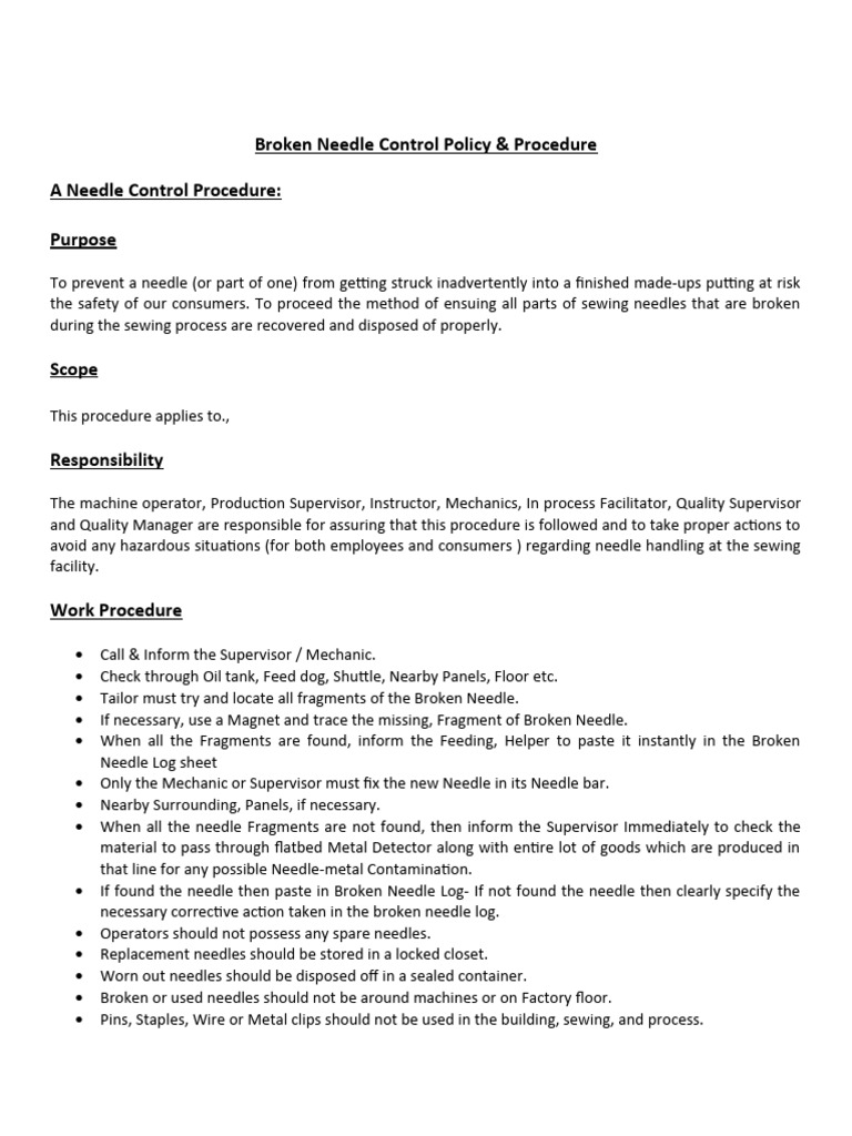 Broken Needle Policy Procedure | PDF | Sewing | Sewing Needle