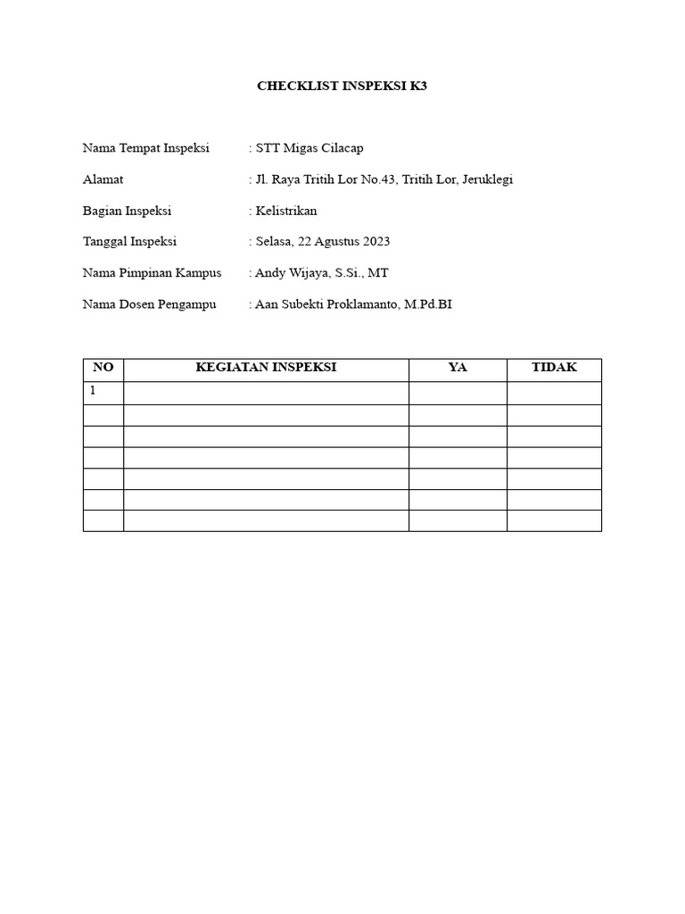 Checklist Inspeksi k3 | PDF