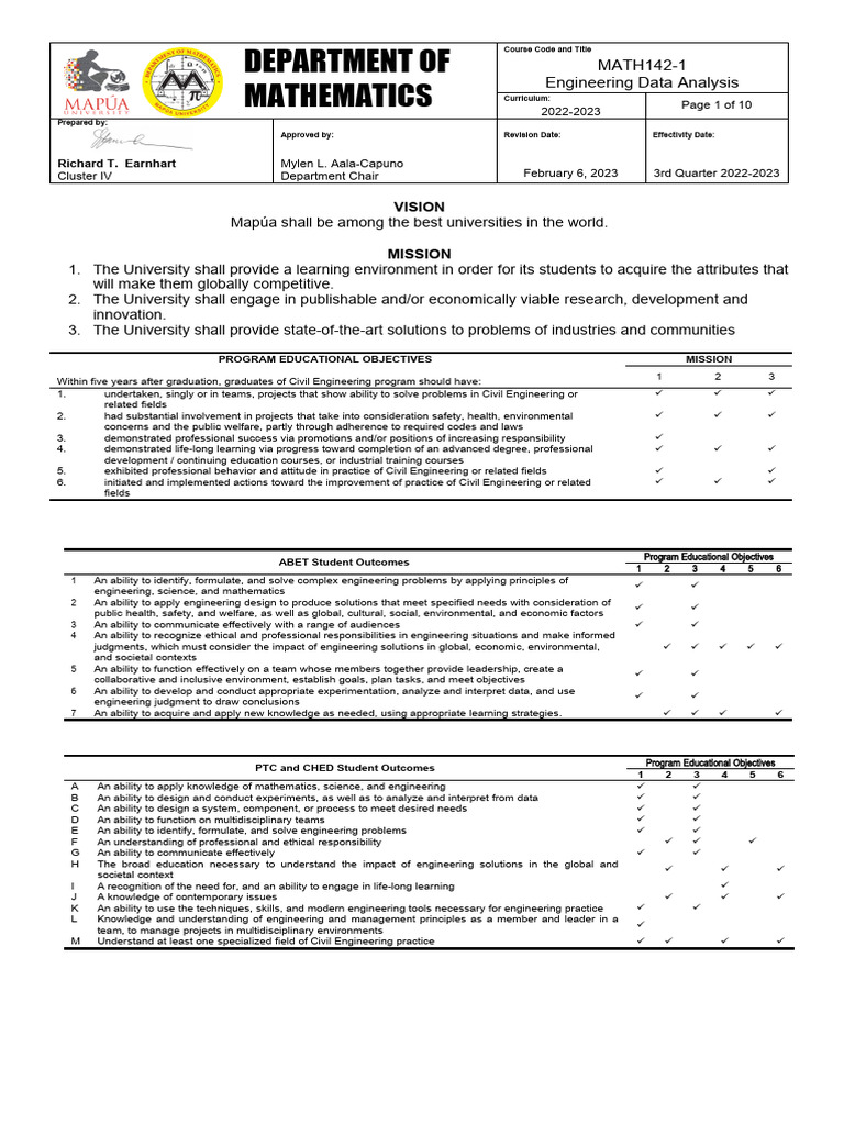 Engineering Data Analysis Syllabus | PDF | Engineering | Statistics