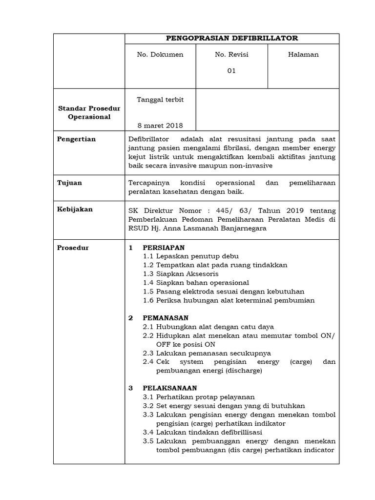 Prosedur Operasional Defibrillator | PDF
