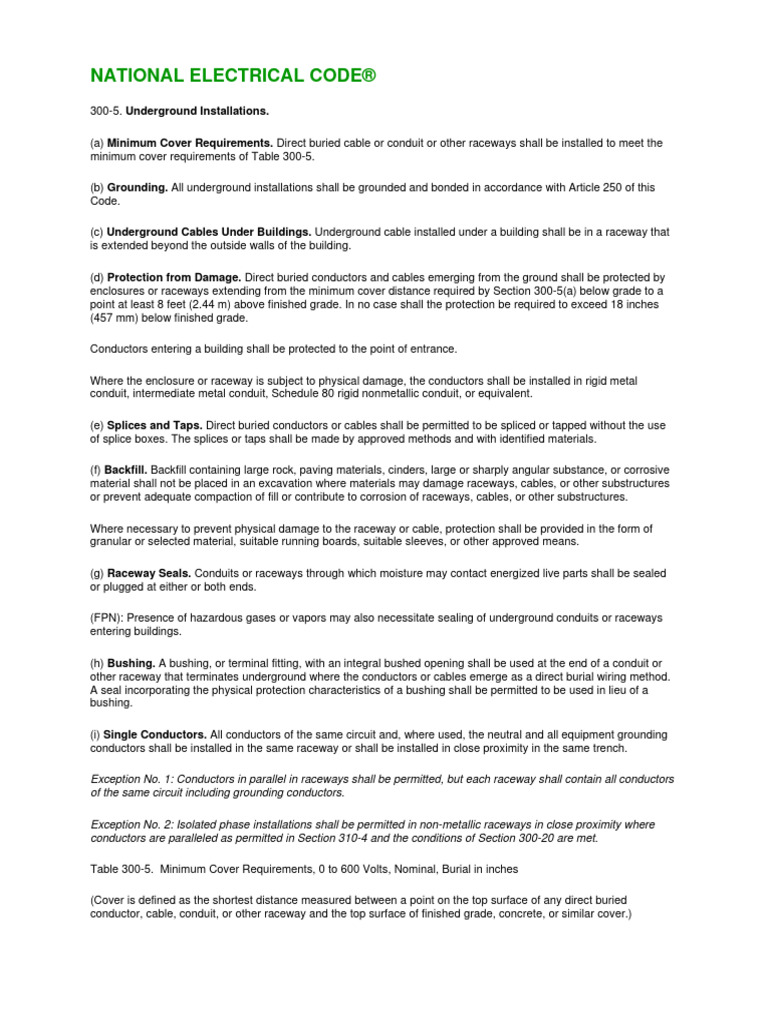 National Electric Code Underground Installation | PDF | Electrical ...