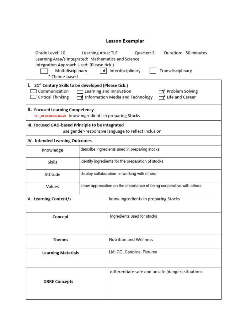 Grade 10 TLE Lesson: Stock Ingredients | PDF | Stock (Food) | Cognition