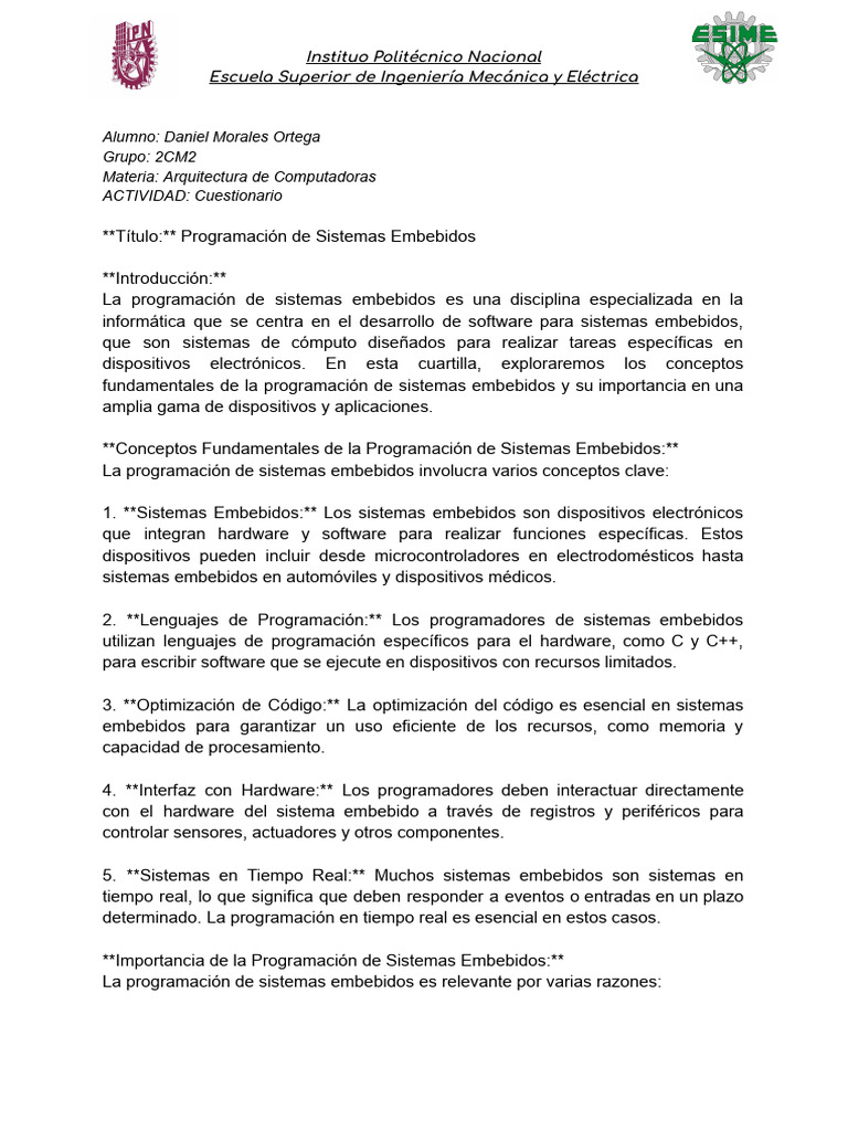 Programación de Sistemas Embebidos | PDF | Sistema Integrado | Hardware de la computadora