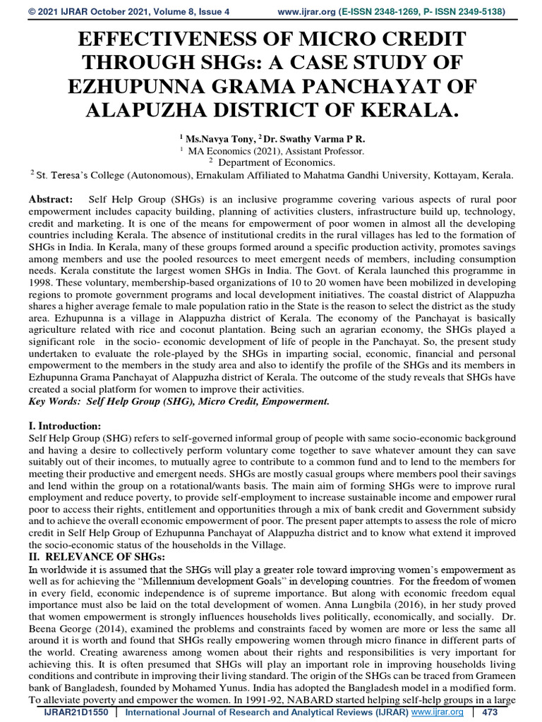 Effectiveness of Micro Credit Through SHGs | PDF | Microfinance ...