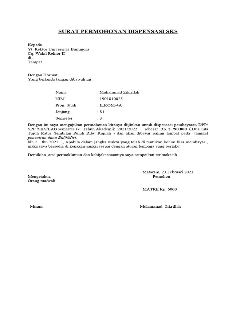 Dispensasi Pembayaran Sks 1 | PDF