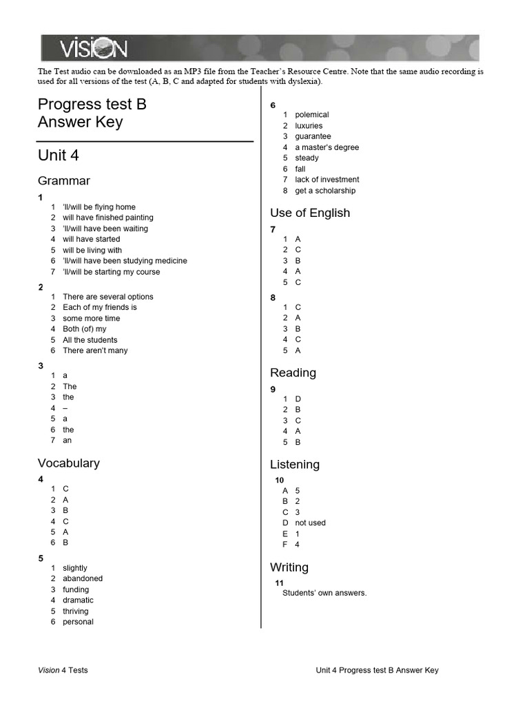 Unit 4 Progress Test B Answer Key Pdf
