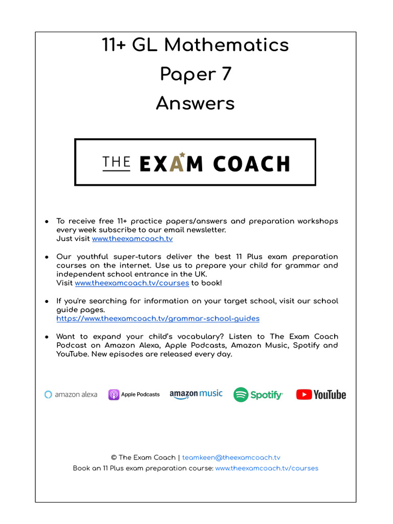 The Exam Coach GL Mathematics Paper 7 Answers | PDF