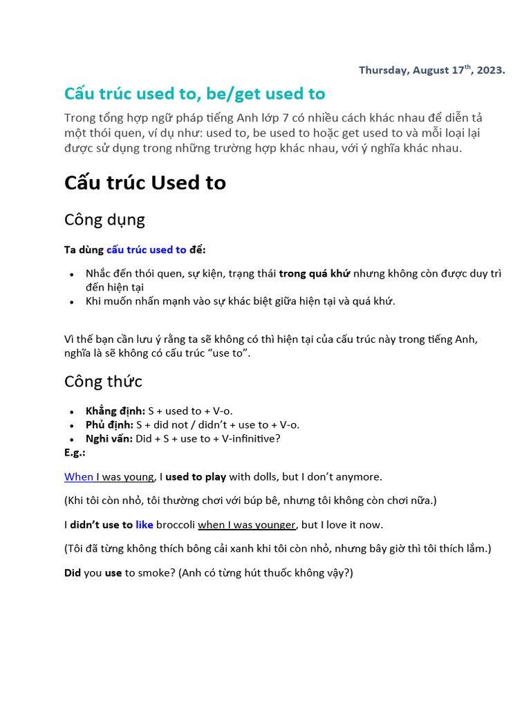 Các cấu trúc tiếng Anh lớp 7 với used to | PDF
