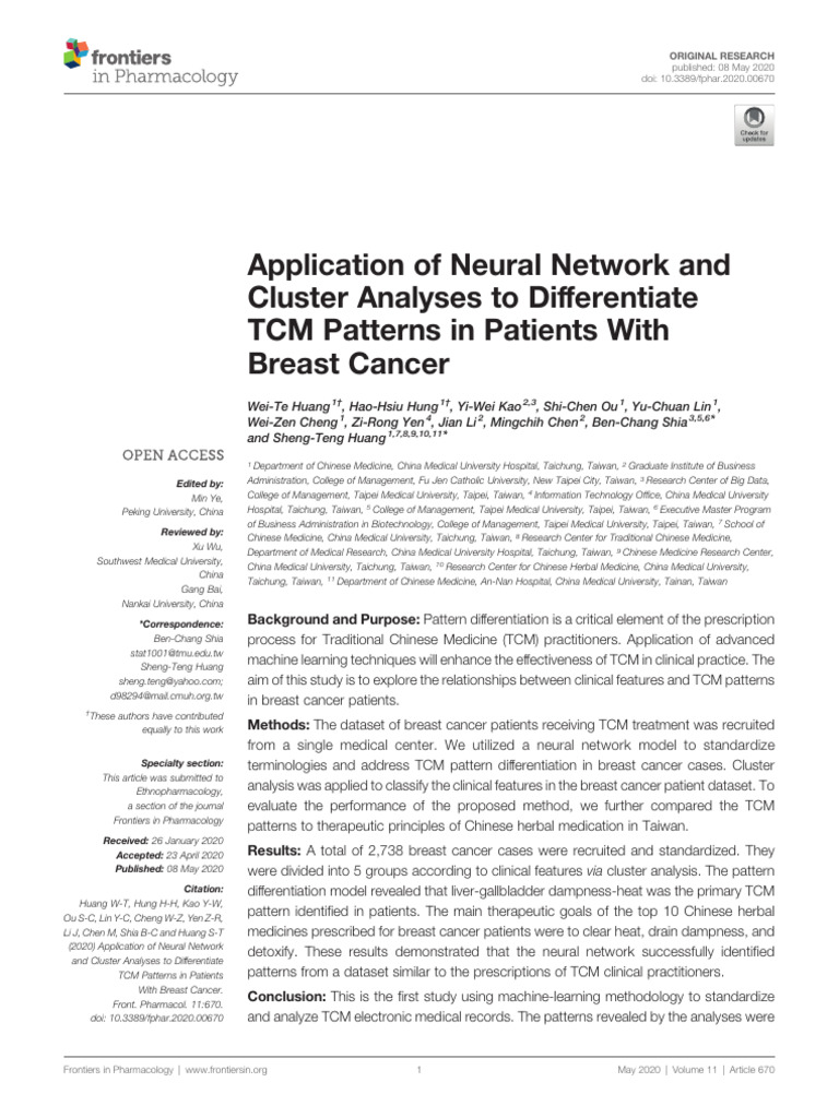 Application of Neural Network and Cluster Analyses To Differentiate TCM Patterns in Patients ...